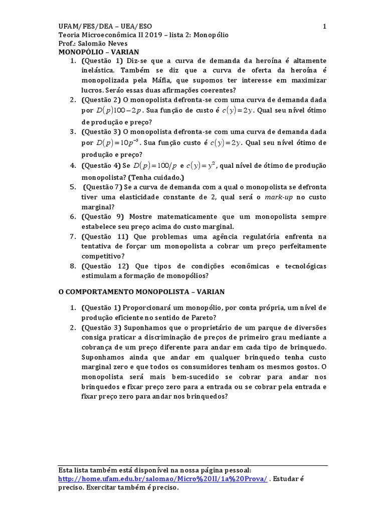 Micro II 2019 - Ex2 | PDF | Monopólio | Microeconomia