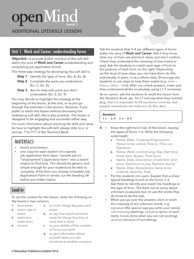 OpenMind 1 Unit 1 Extra LifeSkills Lesson 2 | PDF | Question | Books