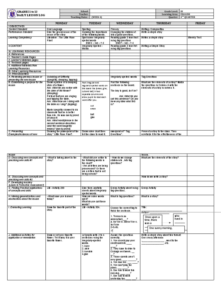 Grade 3 English Lesson Plan Week 4 | PDF | Human Communication | Cognition