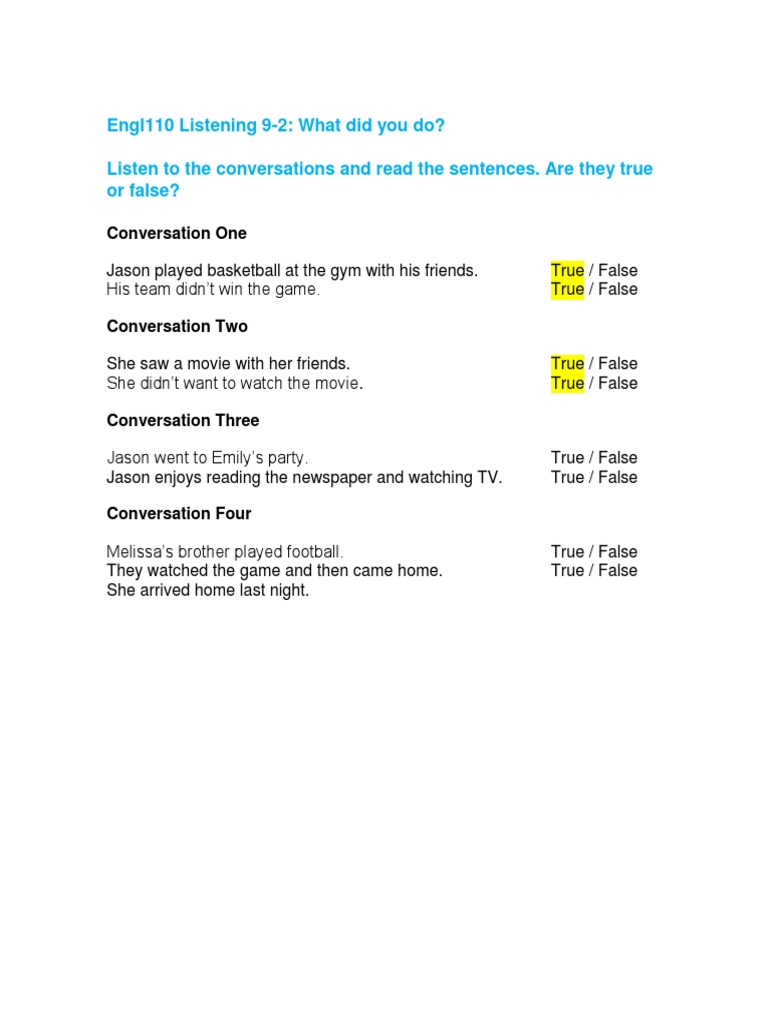 Engl110 Listening 9-2: What Did You Do? Listen To The Conversations and ...