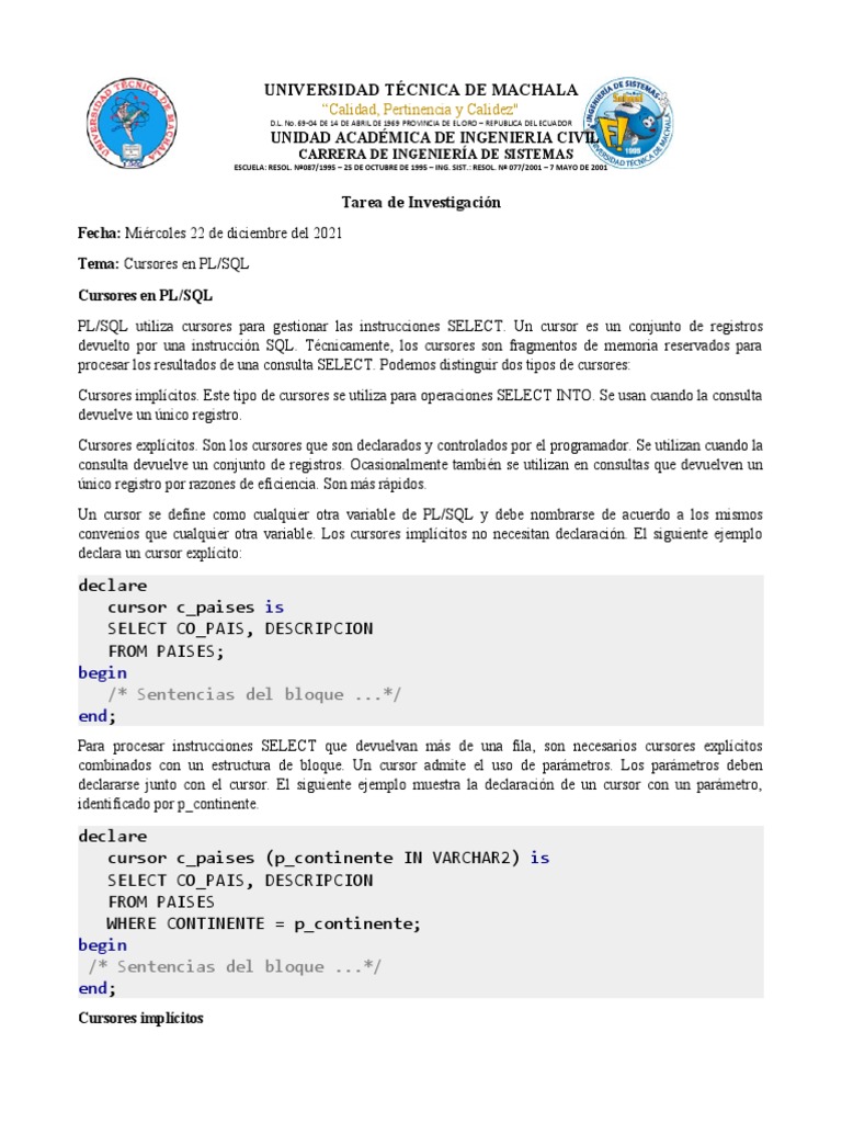 Cursores en PLSQL | PDF | SQL | Pl / Sql