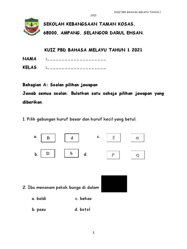 Soalan Kuiz PBD Bahasa Melayu Tahun 1 Sem 2 2021 | PDF