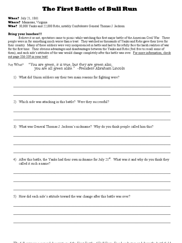First Battle of Bull Run-Worksheet | PDF | First Battle Of Bull Run ...