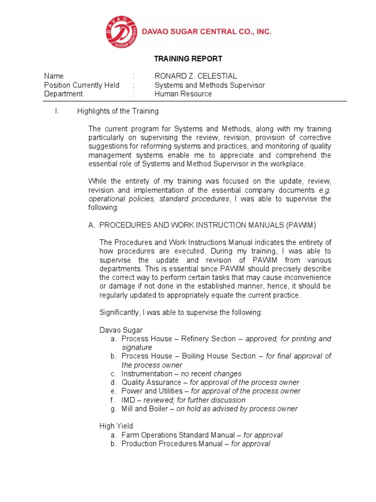 Training Report: Operational Policies, Standard Procedures, I Was Able ...