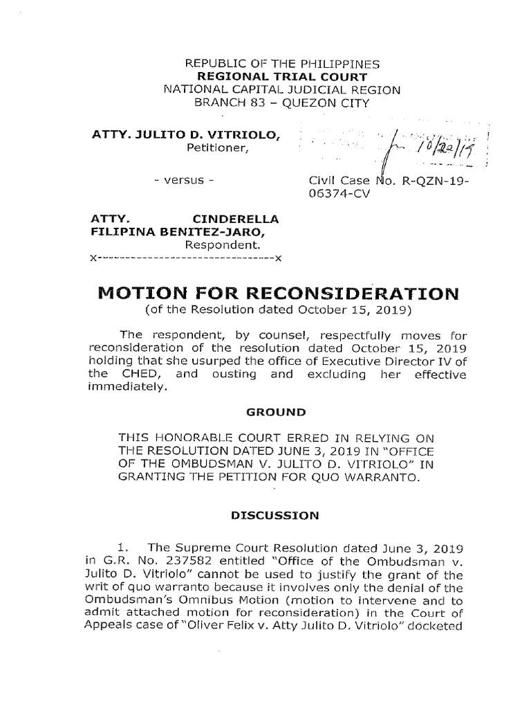 Motion For Reconsideration - Vitriolo vs. Jaro | PDF