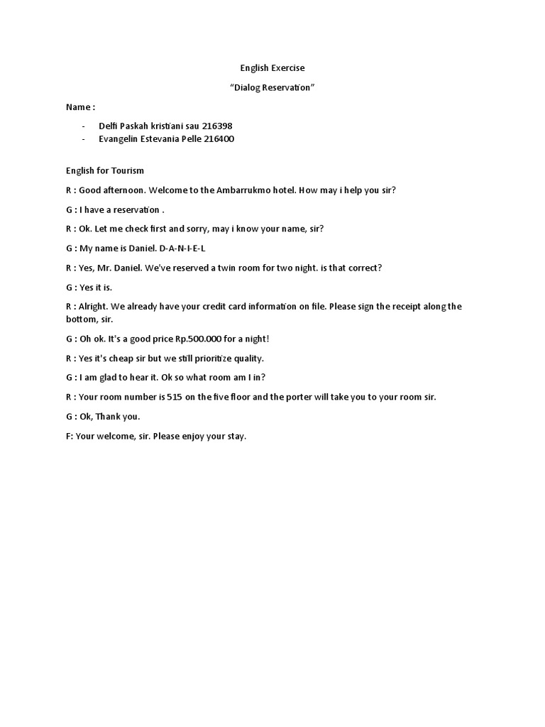 Hotel Reservation Dialogue Example | PDF