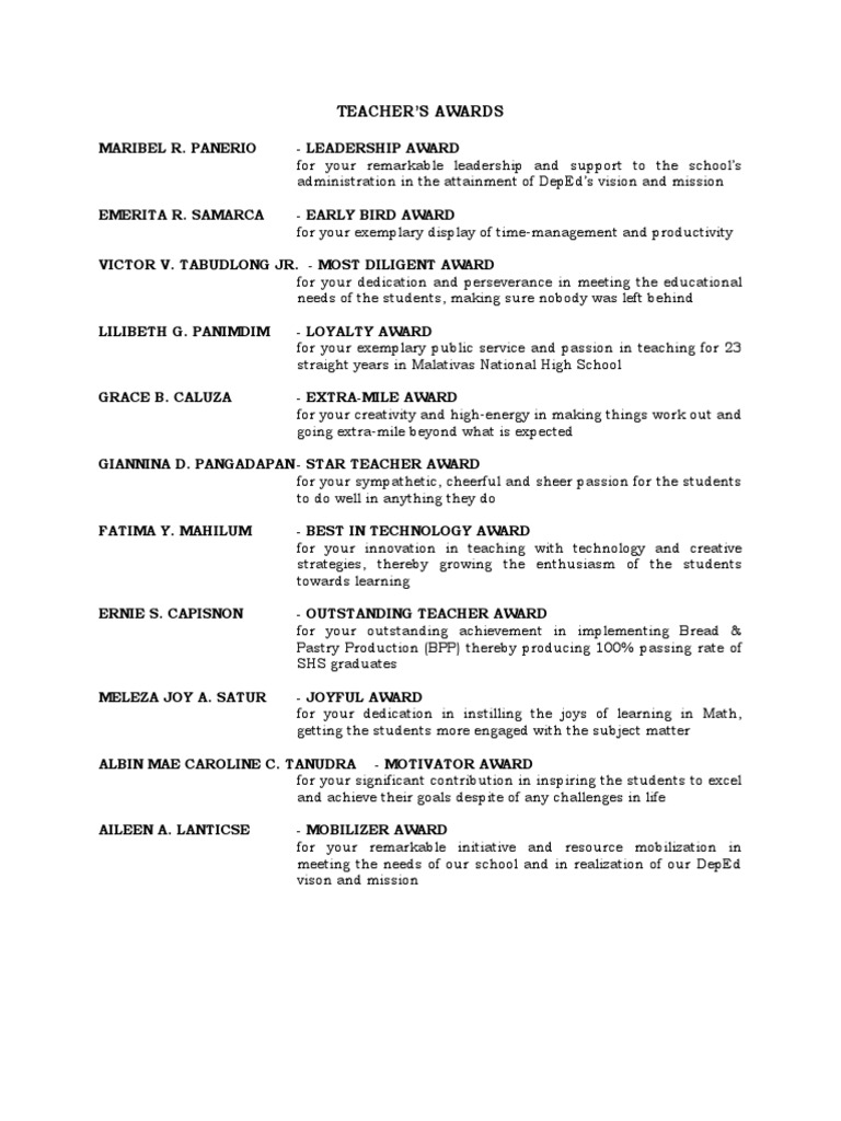 Teacher's Awards | PDF | Learning | Teaching