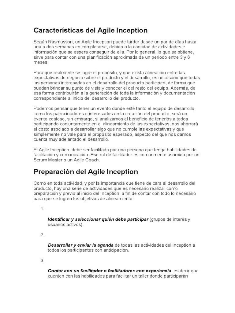 Características y pasos del Agile Inception | PDF | Scrum (desarrollo ...