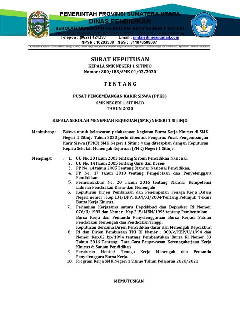 SK PPKS dan BKK SMK Negeri 1 Sitinjo | PDF