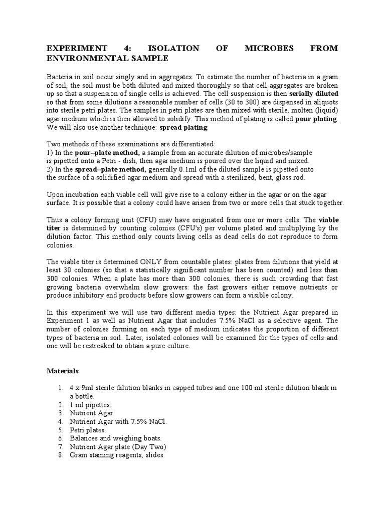 Experiment 4: Isolation of Microbes From Environmental Sample | PDF ...