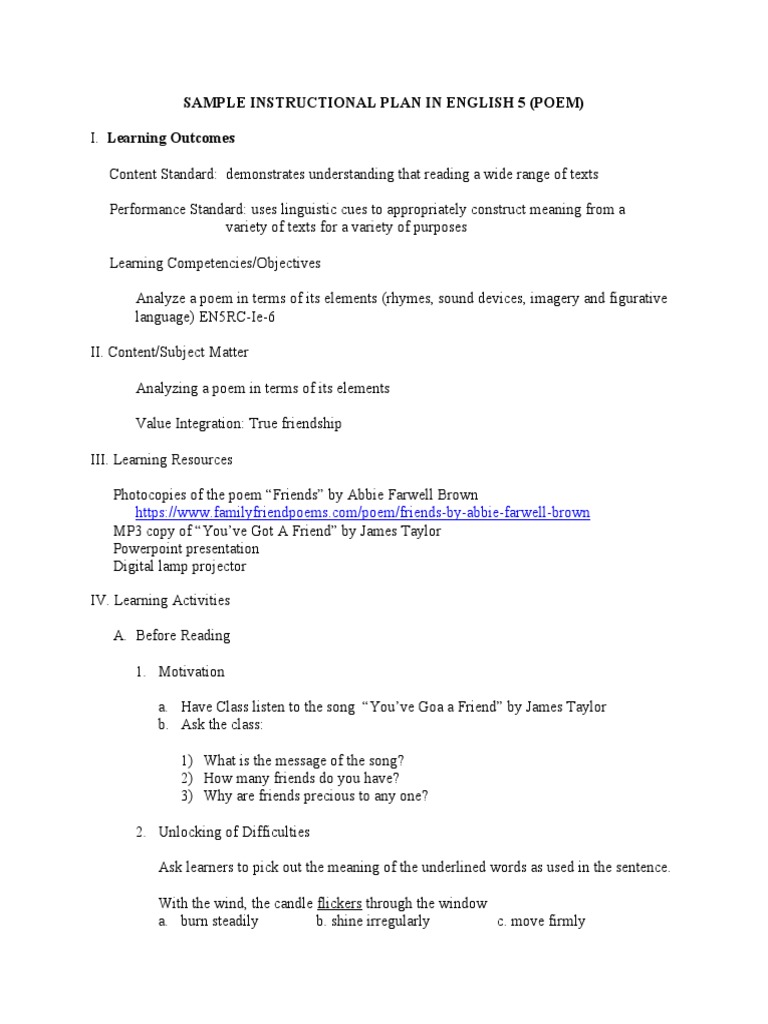 Sample Instructional Plan in English 5 | PDF | Poetry | Learning