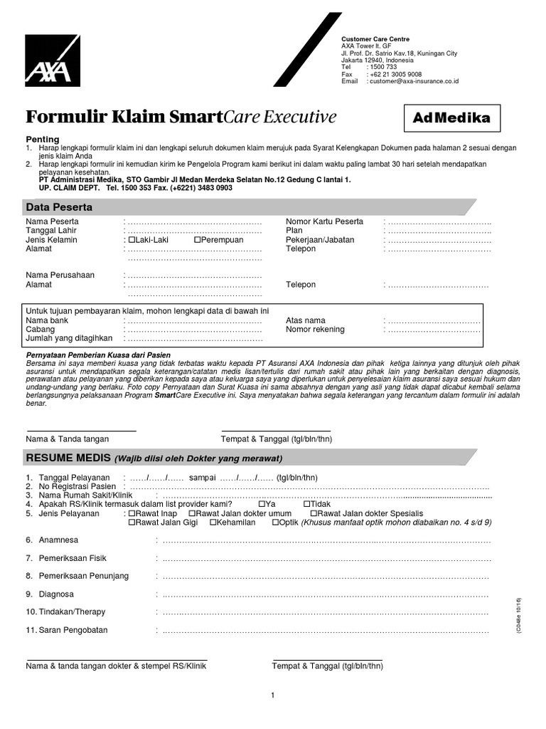 SmartCare ExecutiveClaim Form Bahasa AdMedika Rev120618 | PDF