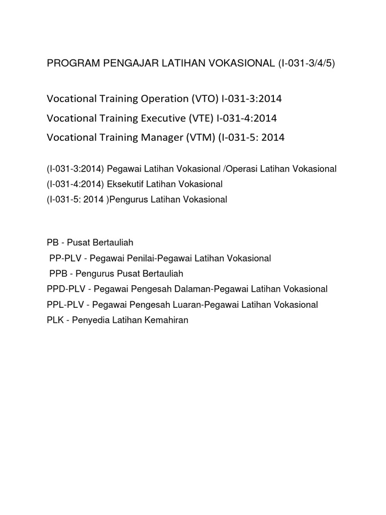Program Pengajar Latihan Vokasional Vto Vte VTM | PDF