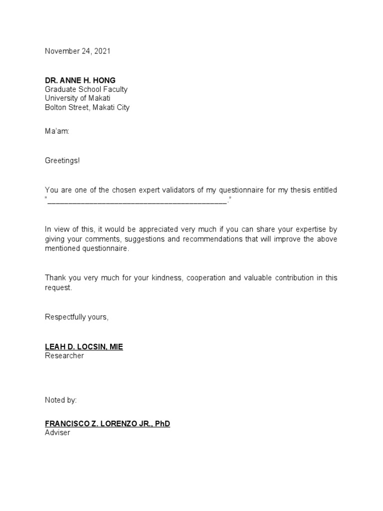 Validators Sample Letter and Validation Sheet For Research ...