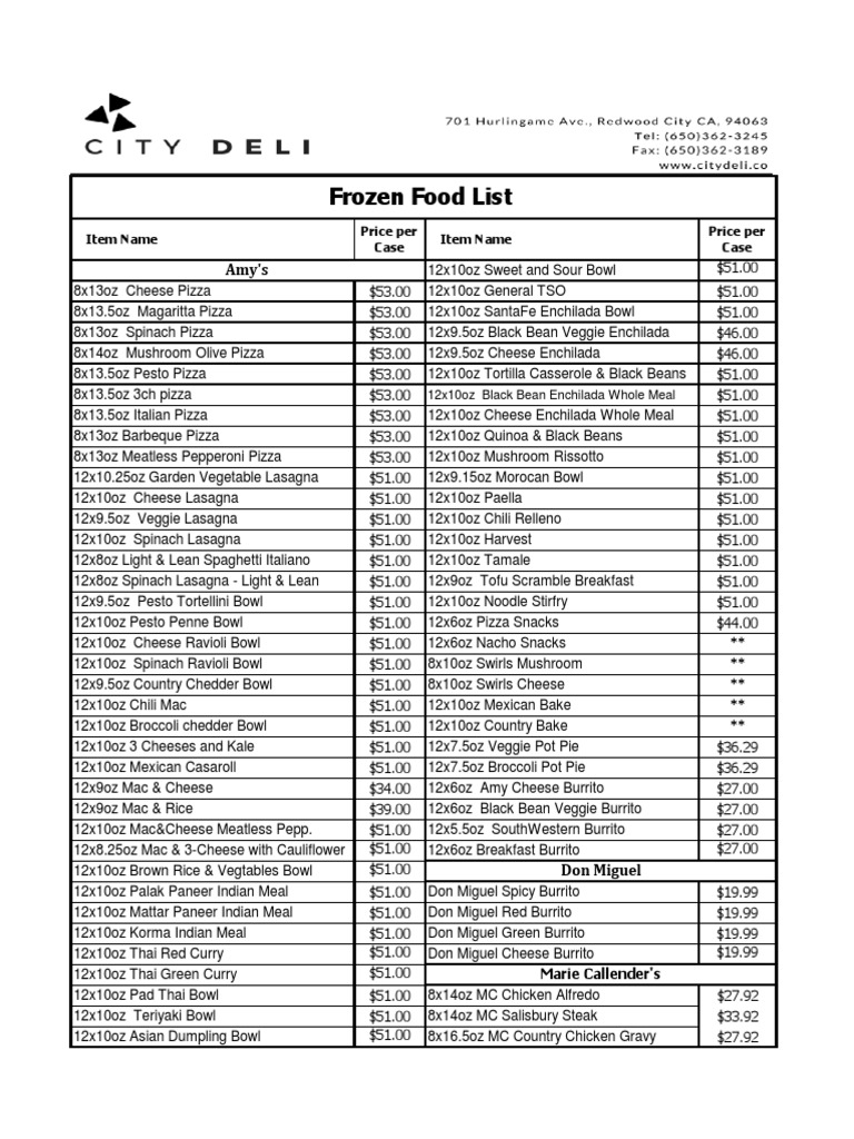 Frozen Food List: Amy's | PDF | Burrito | Pizza