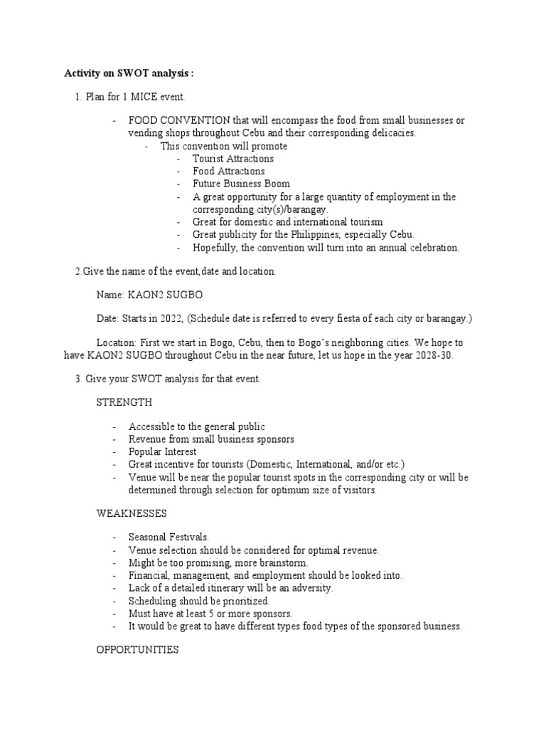 Intro To M.I.C.E. - ACTIVITY SWOT ANALYSIS | PDF | Cebu | Swot Analysis