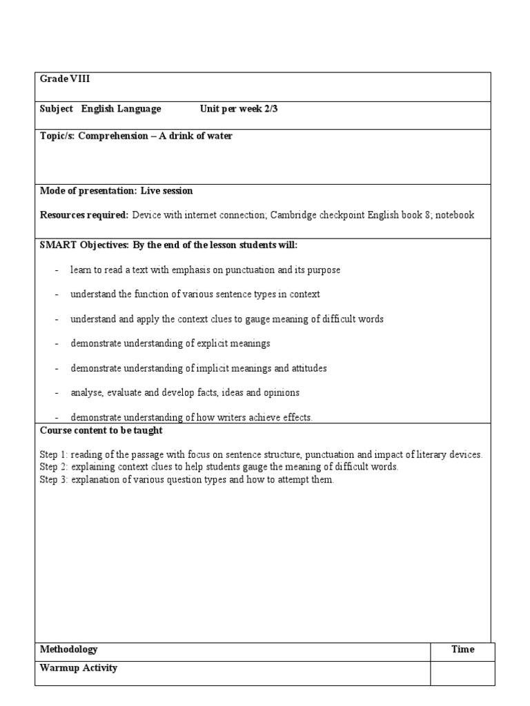 A Drink of Water - Comprehension | PDF | Reading Comprehension | Cognition