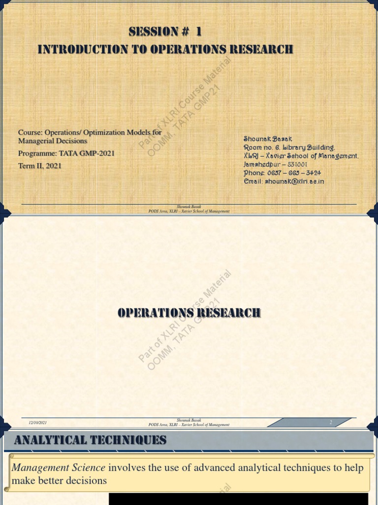 Session # 1 Introduction To Operations Research: Course Material GMP21 ...
