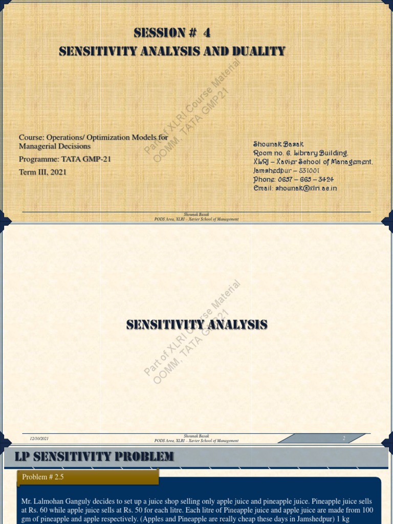 Session # 4 Sensitivity Analysis and Duality: Course Material GMP21 | PDF | Mathematical ...