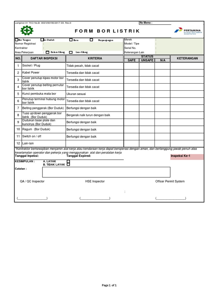 Form 003 Inspeksi Bor Listrik | PDF | Teknologi & Rekayasa