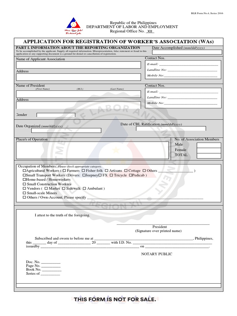 Application For Registration of Worker'S Association (Was) | PDF ...