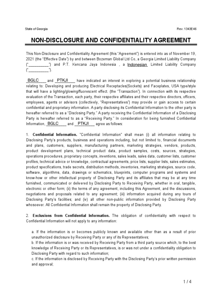 Georgia Non-Disclosure Agreement | PDF | Discovery (Law) | Confidentiality