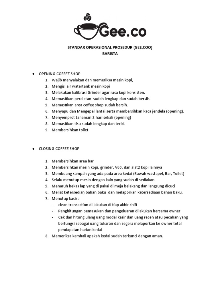 SOP Barista untuk Coffee Shop | PDF