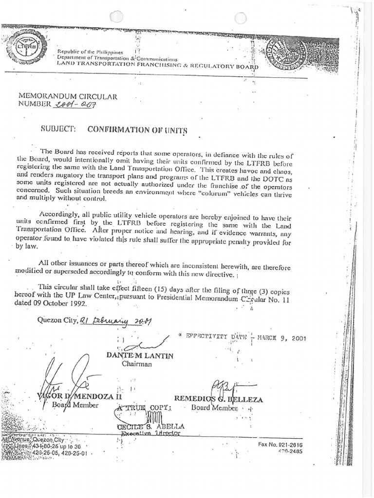 LTFRB 2001-007 (Confirmation of Units) | PDF