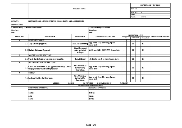ITP For Installation & Leakage Test For HVAC Ducts and Accessories ...