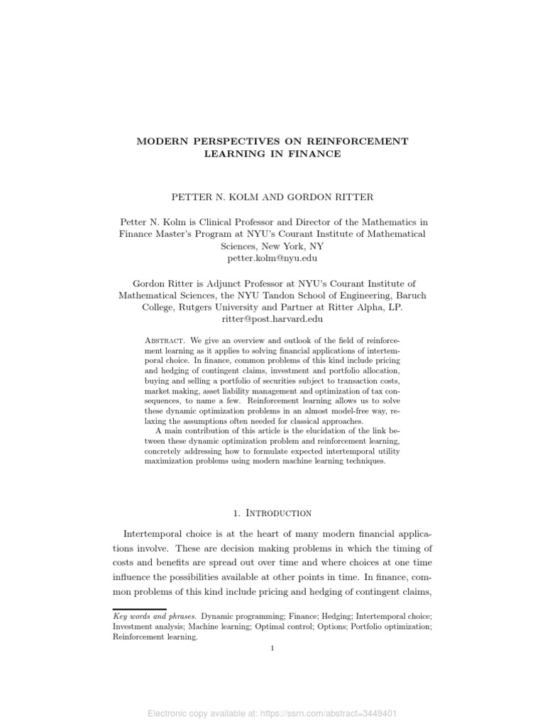 Reinforcement Learning For Finance by Gordon Ritter | PDF | Option ...