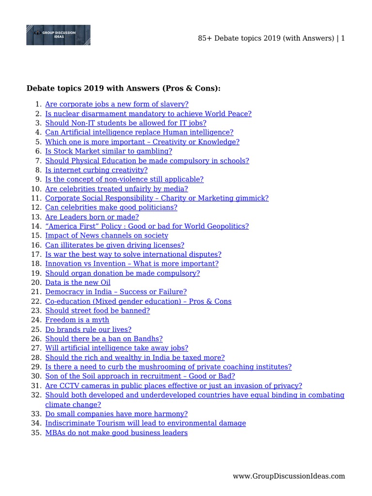 85+ Debate Topics 2019 (With Answers) | PDF | Artificial Intelligence ...