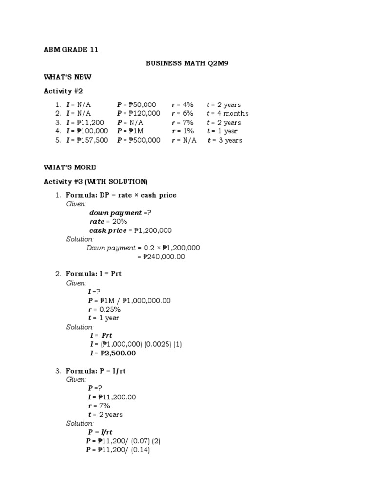 Business Math q2 m9 Answers | PDF | Mortgage Loan | Down Payment