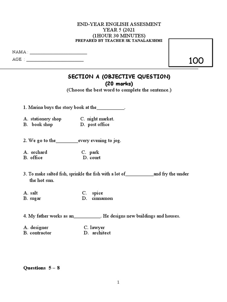 Section A (Objective Question) (20 Marks) (Choose The Best Word To ...