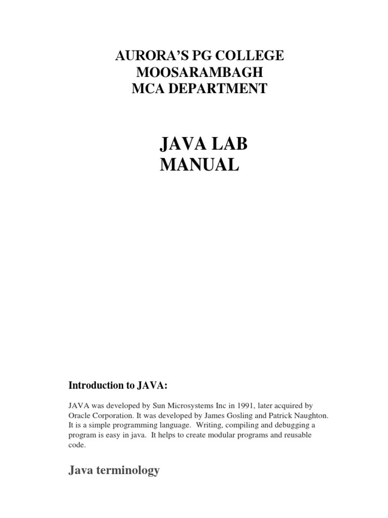 Java Lab Manual Aurora S Pg College Moosarambagh Mca Department Pdf