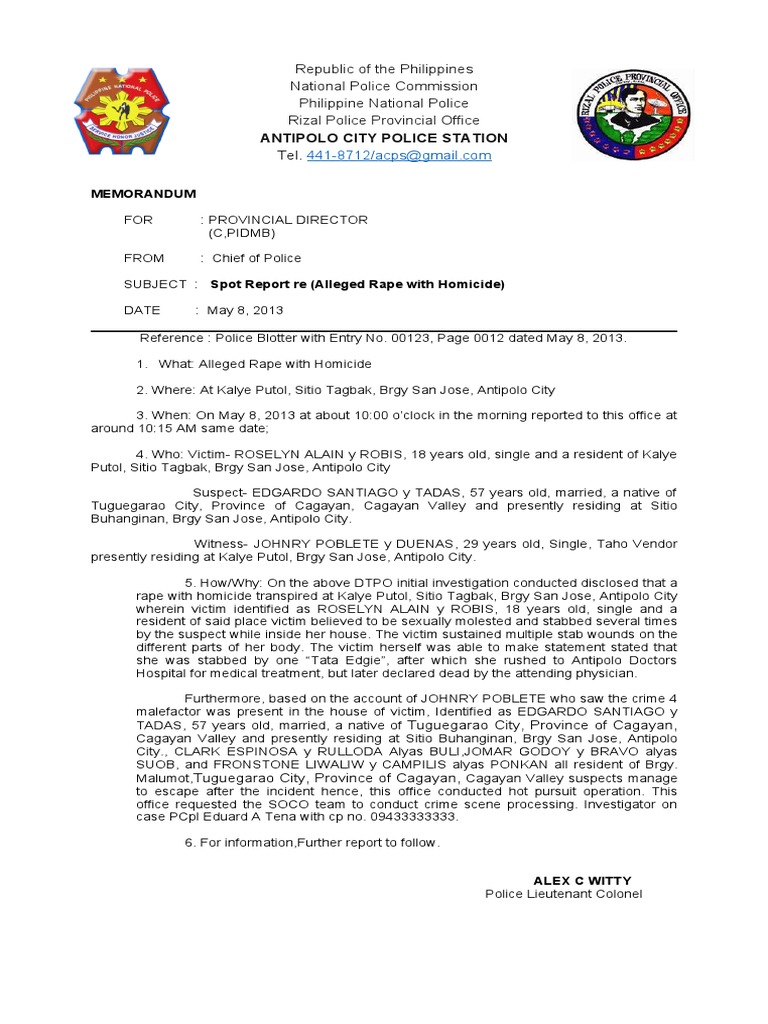 Spot Report and Final Progress Report Case Scenario | PDF | Deviance ...
