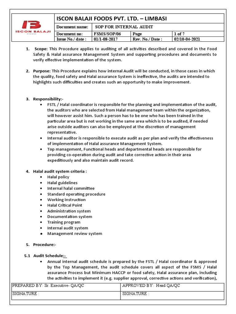 Internal Audit SOP for Halal Compliance | PDF | Audit | Internal Audit
