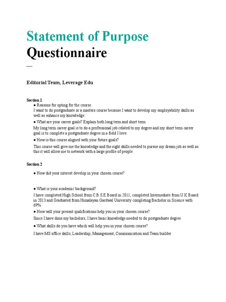 Statement of Purpose Questionnaire - Editorial Team, Leverage Edu | PDF ...
