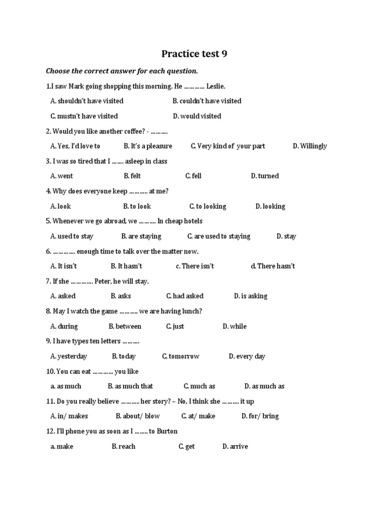 Practice Test 9: Choose The Correct Answer For Each Question | PDF