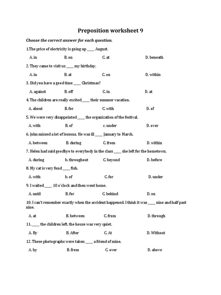 Preposition Worksheet 9 | PDF