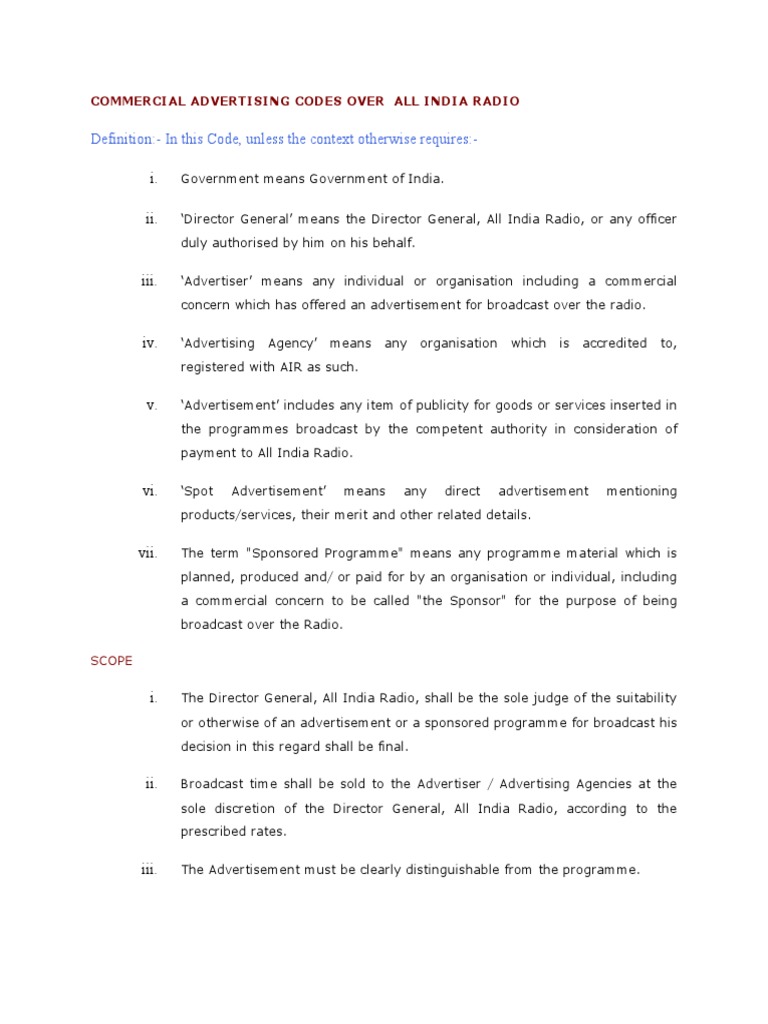 Commercial Advertising Codes For Air and Doordarshan | PDF ...