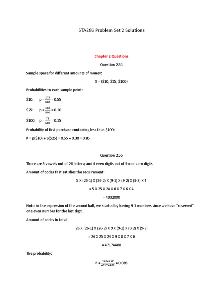 STA286 Problem Set 2 Solutions: Chapter 2 Questions | PDF | Probability | Mathematical Objects