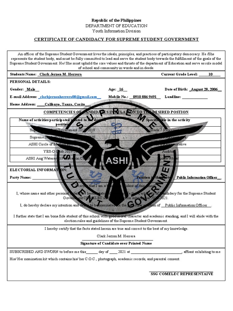 Certificate of Candidacy: Clark Herrera | PDF | Government