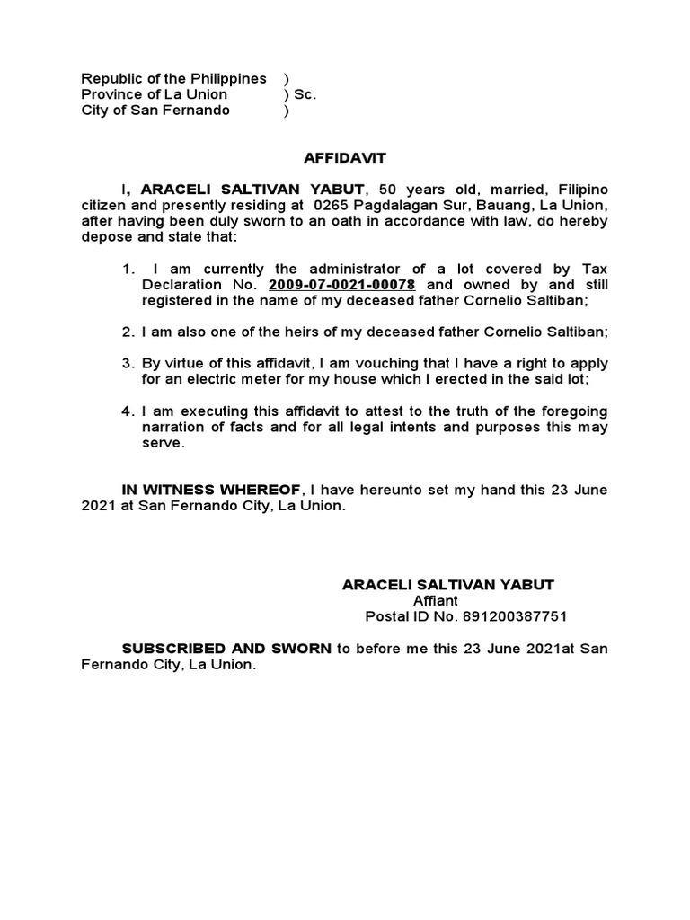 Affidavit Lueco - To Apply For Electric Meter | PDF