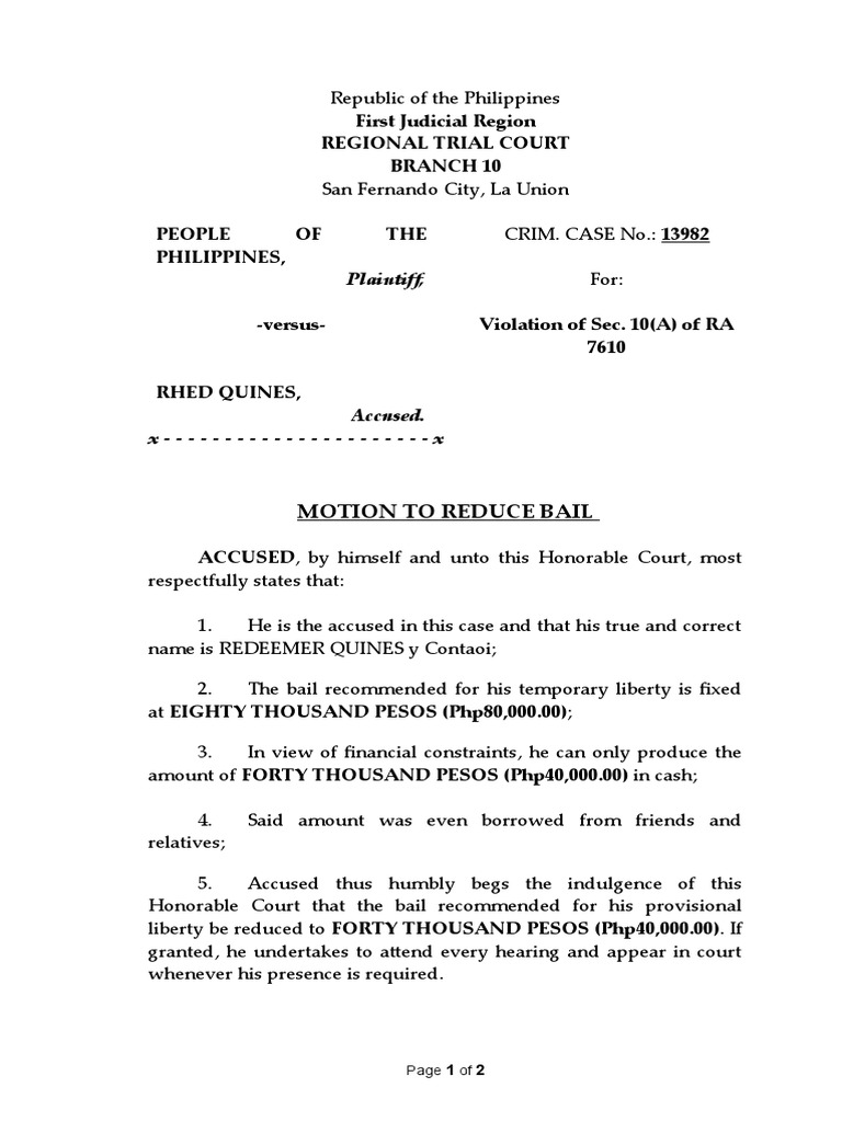 Motion To Reduce Bail Quines | PDF | Bail | Public Sphere