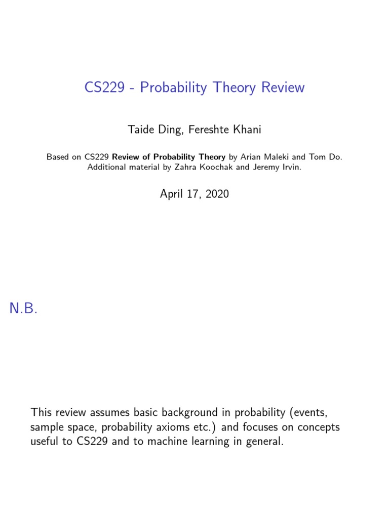 CS229 - Probability Theory Review: Taide Ding, Fereshte Khani | PDF | Probability Distribution ...