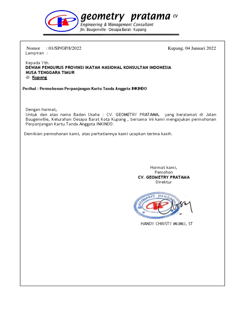 Surat Permohonan Perpanjang Kta Inkindo | PDF