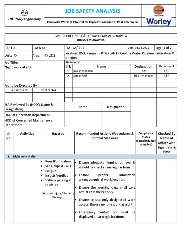 Job Safety Analysis: Night Work at Site | PDF | Occupational Safety And ...