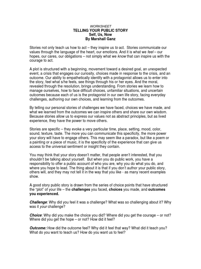 Telling Your Public Story Self, Us, Now by Marshall Ganz: Worksheet ...