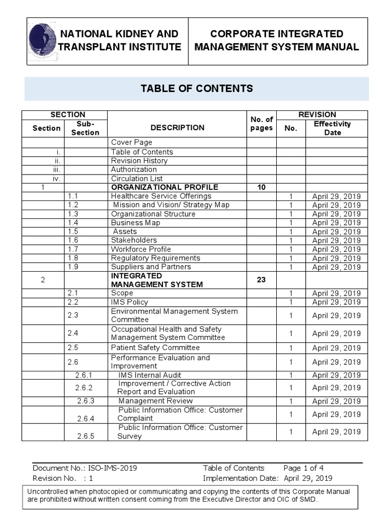 Corporate Integrated Management System Manual 2019 | PDF | Nephrology ...