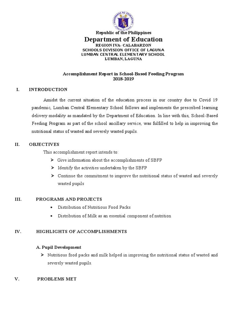 Accomplishment Report in SBFP | Download Free PDF | Nutrition | Diet ...